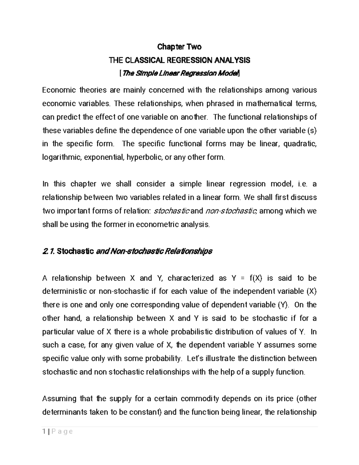 Econometrics Chapter Two-1 - Chapter Two THE CLASSICAL REGRESSION ANALYSIS [ The Simple Linear ...