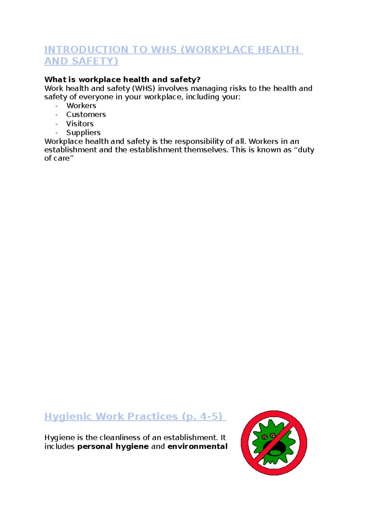 Hopsitality - Combined Notes - YEAR 11 - INTRODUCTION TO WHS (WORKPLACE ...