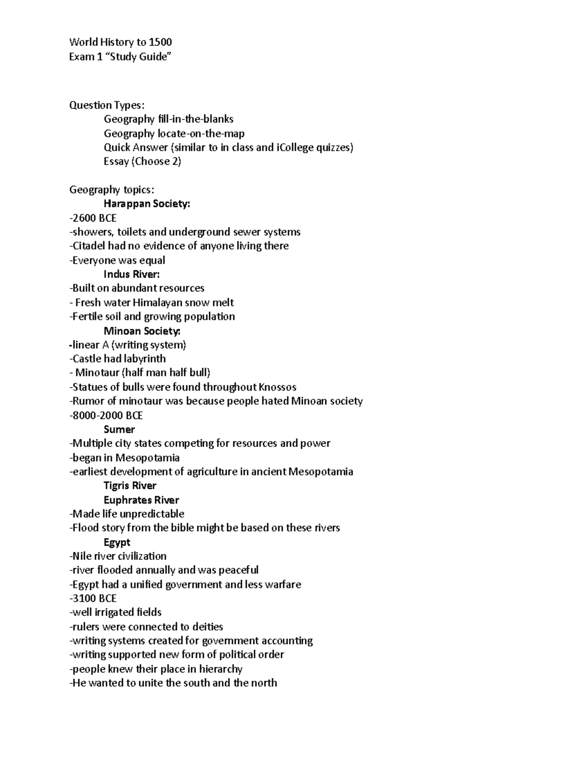 Exam 1 SG history - study guide - World History to 1500 Exam 1 “Study ...