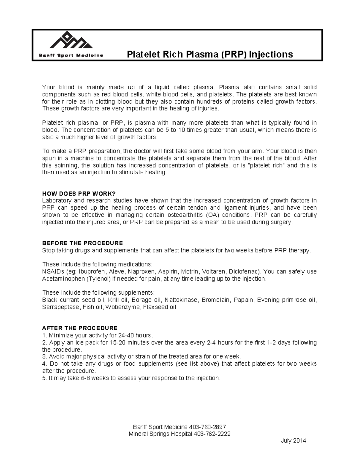 PRP-Injection-handout - Banff Sport Medicine 403-760- Mineral Springs ...