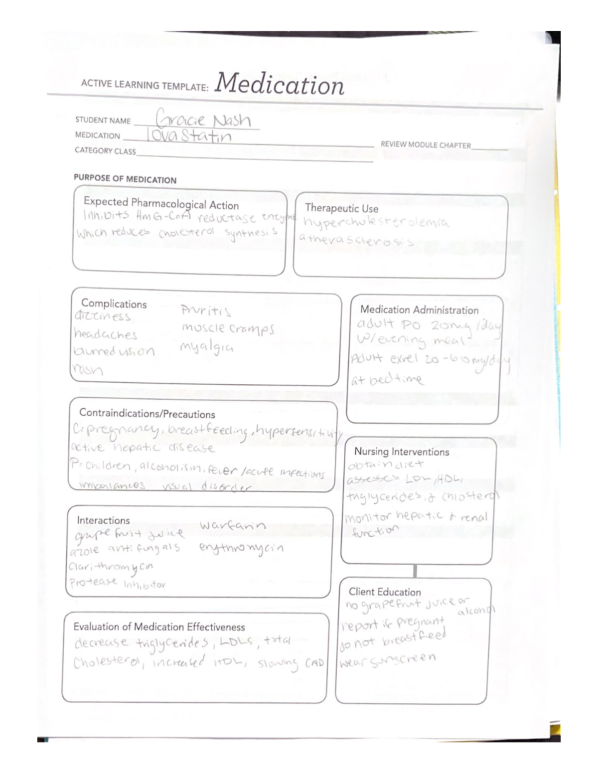 Lovastatin - med card - NRSG 3192 - Studocu