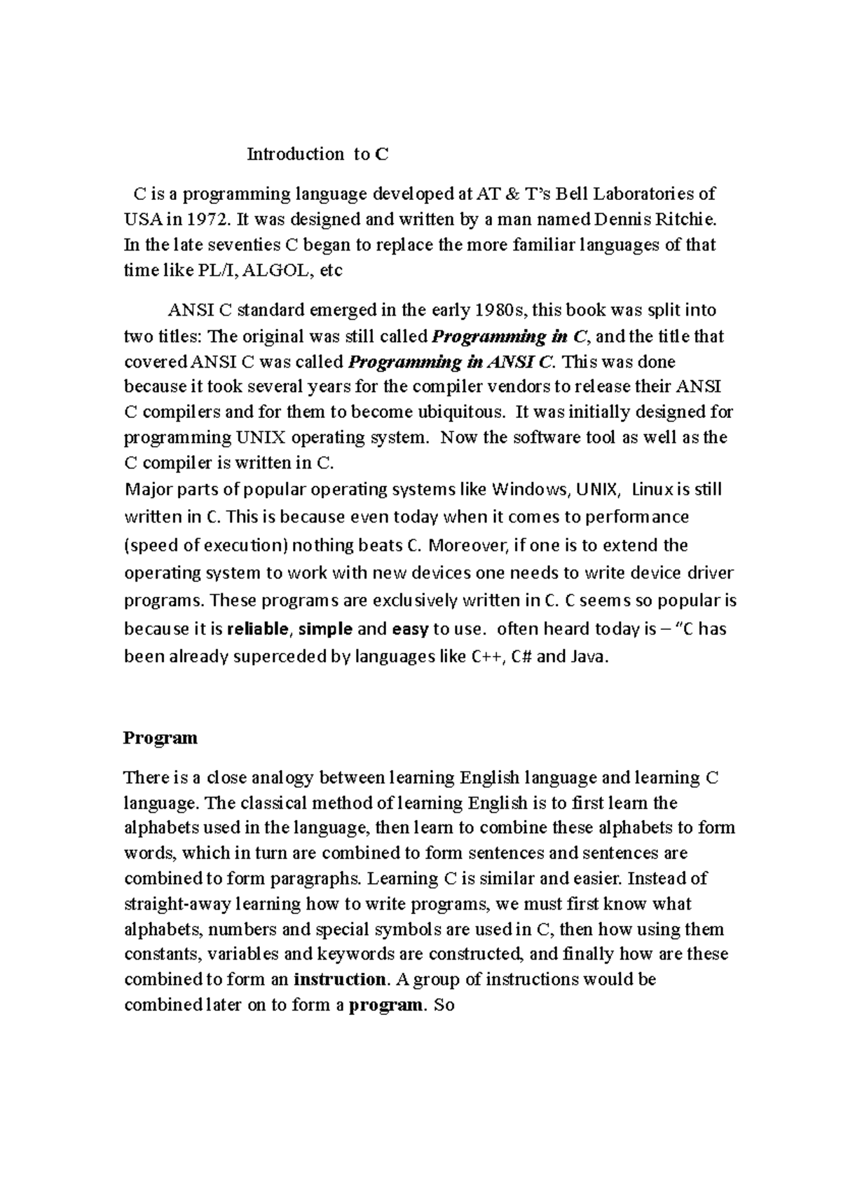 Introduction to C 1 - c notes - Introduction to C C is a programming ...