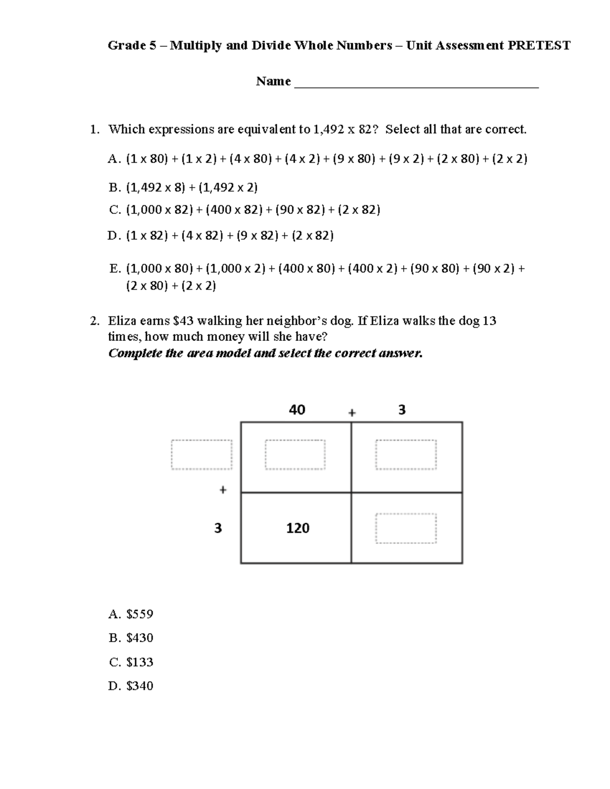 5th Grade Multiply and Divide Whole Numbers - Unit Assessment - Pretest ...