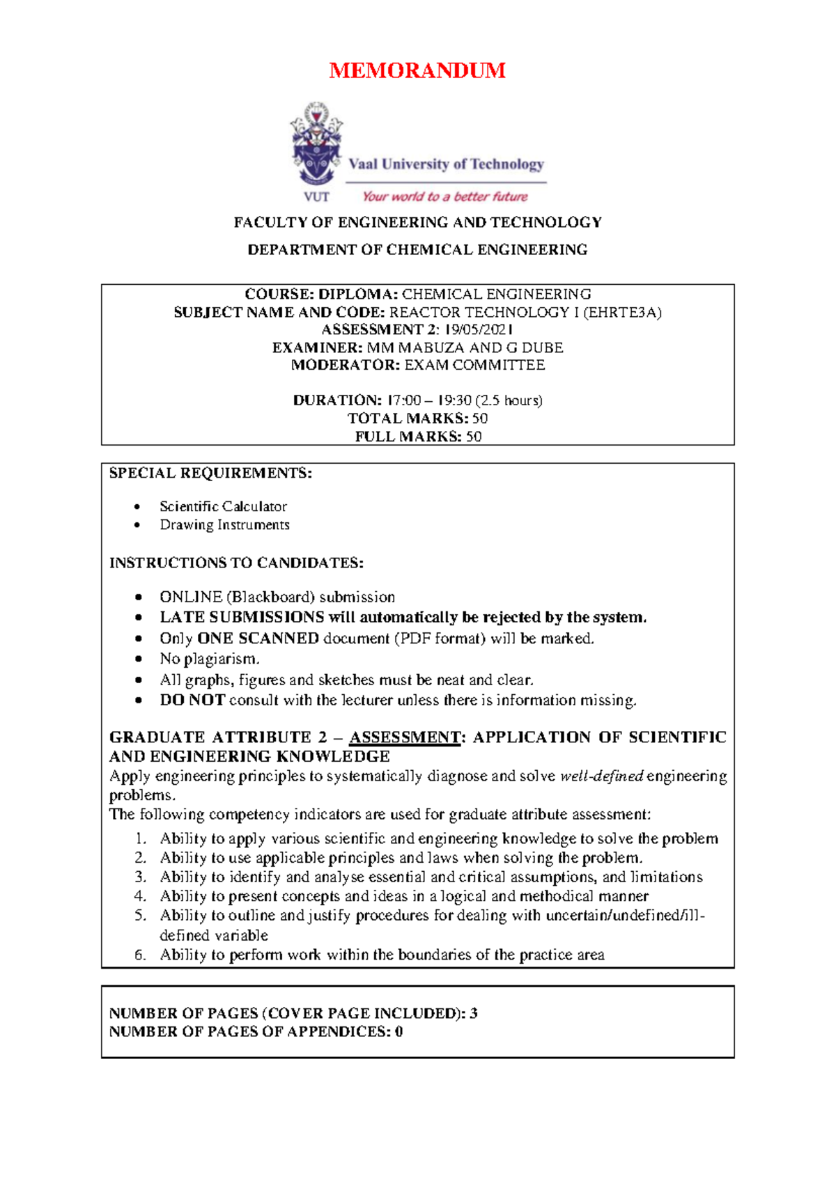 Assessment 2 - GA2 - Memorandum - FACULTY OF ENGINEERING AND TECHNOLOGY ...