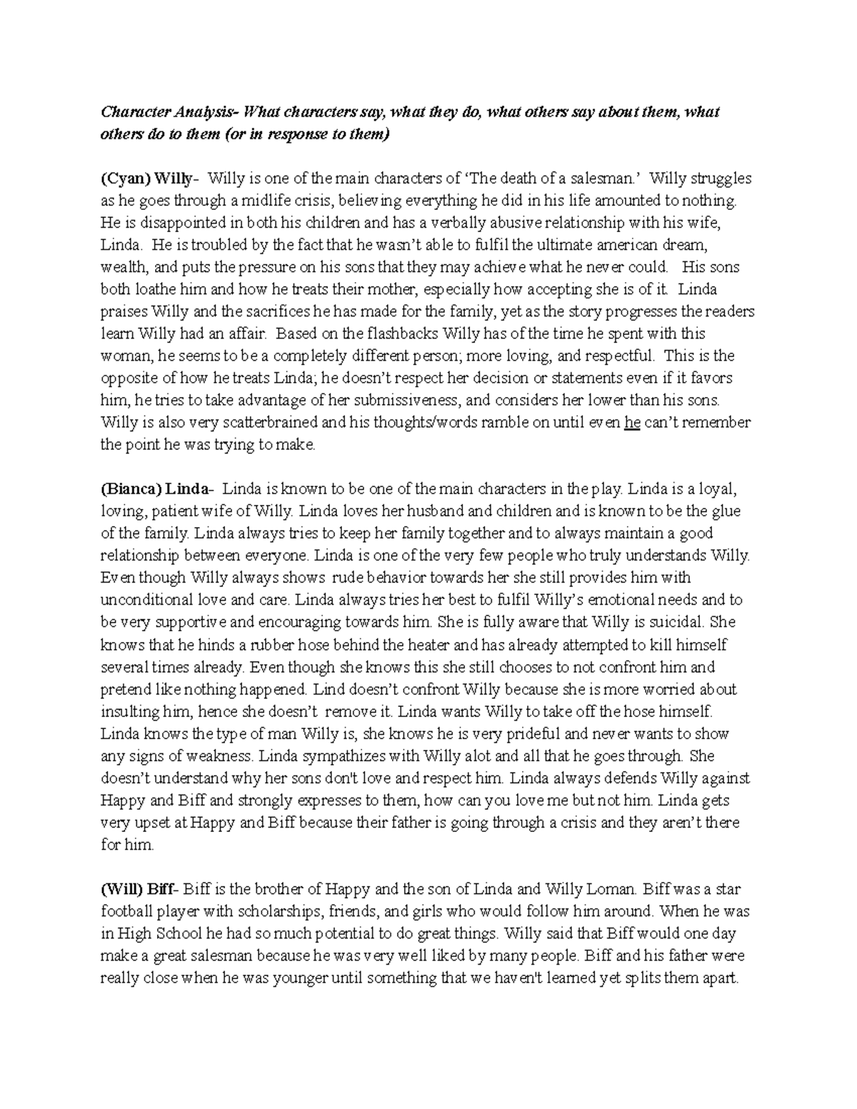 Character Analysis - These are my notes for this assignment. My notes ...