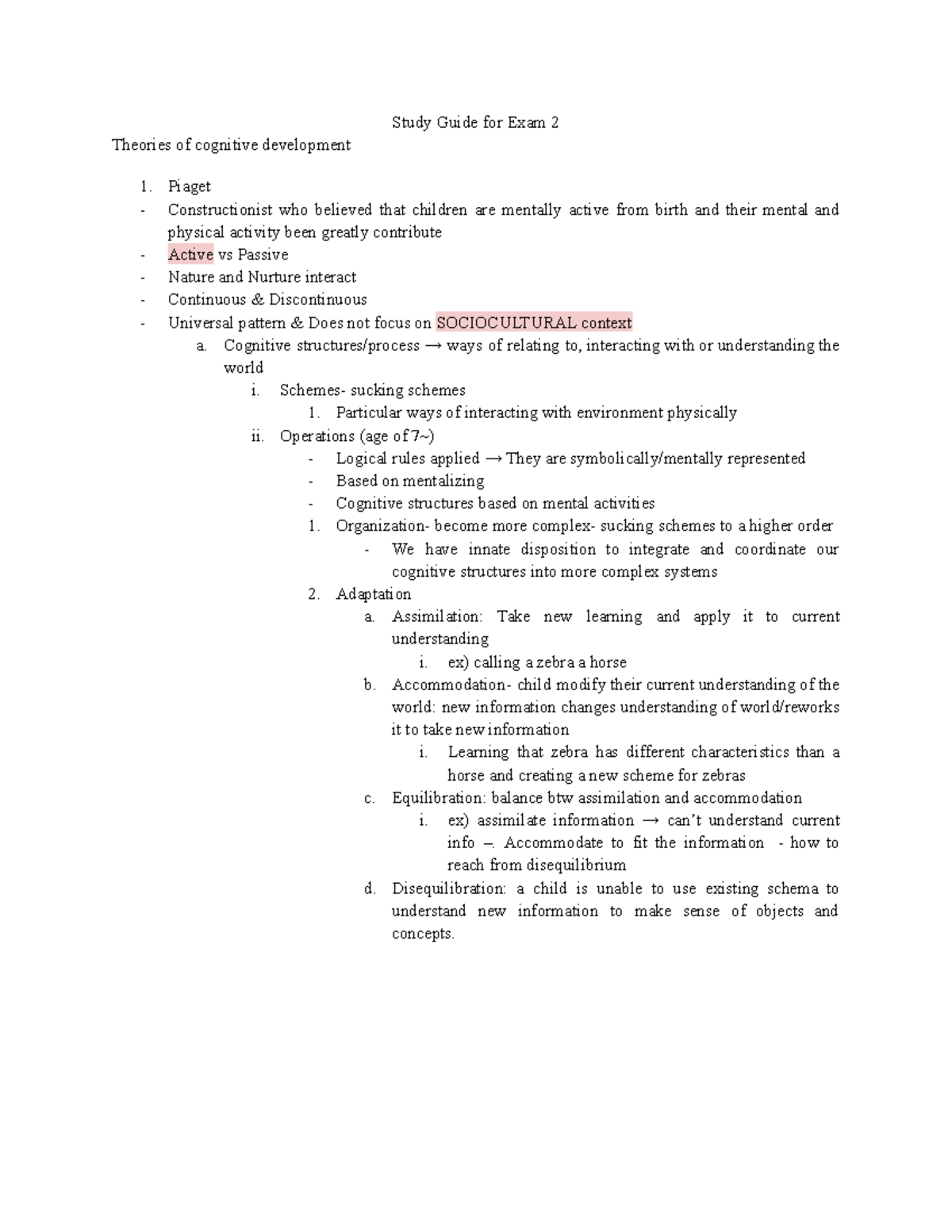 PS241 Study Guide 2 - Study Guide for Exam 2 Theories of cognitive ...