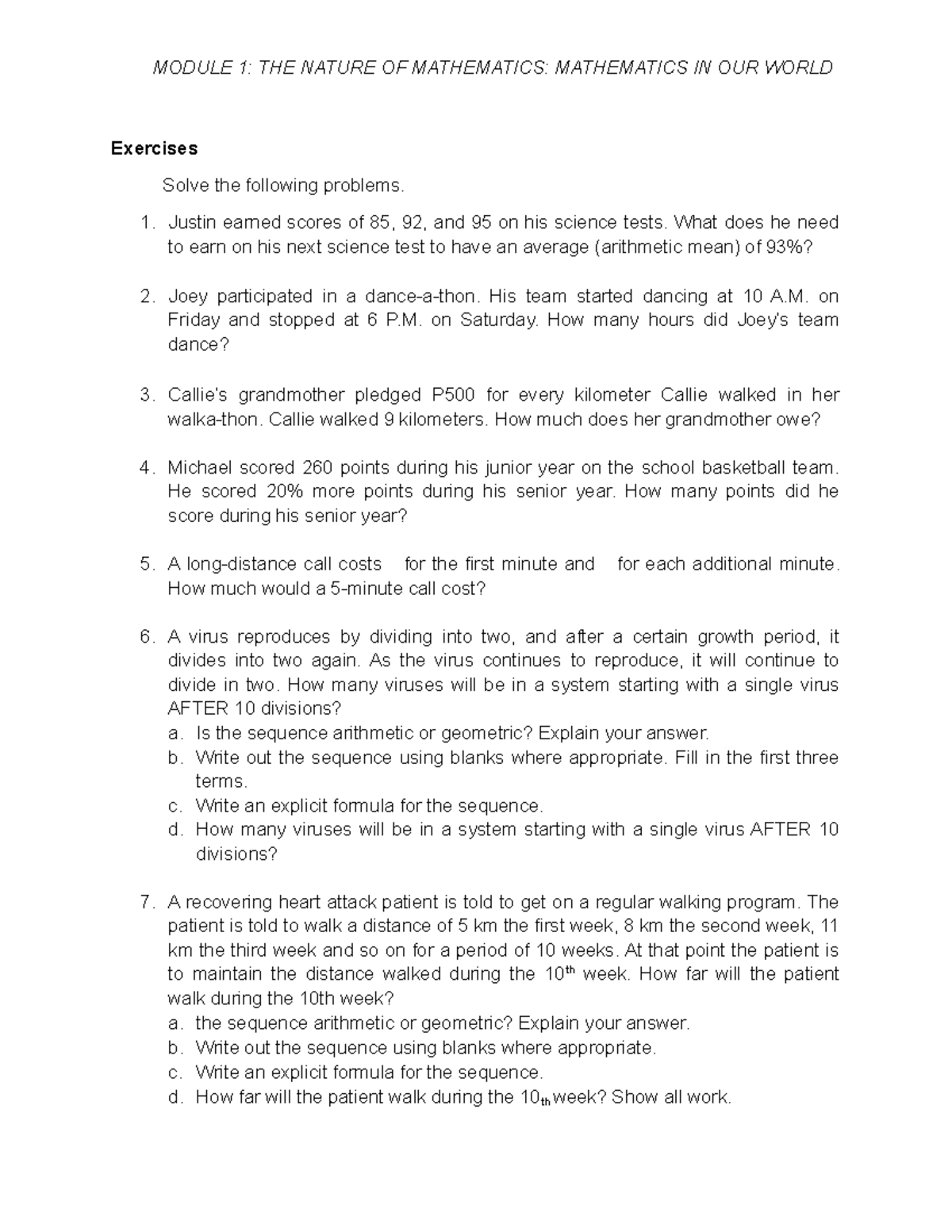 Mathmw - MATHEMATICS IN THE MODERN WORLD EXERCISE - MODULE 1: THE ...