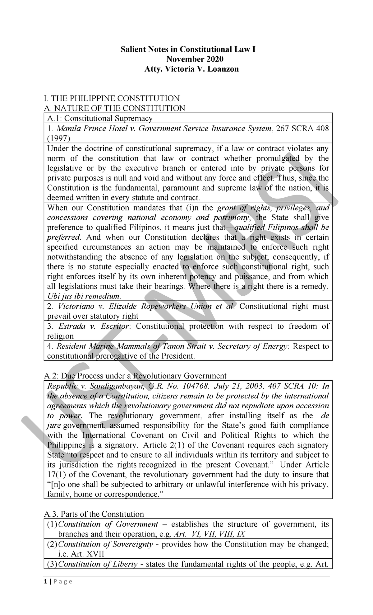Salient Notes in Consitutional Law I November 2020 - Victoria V ...