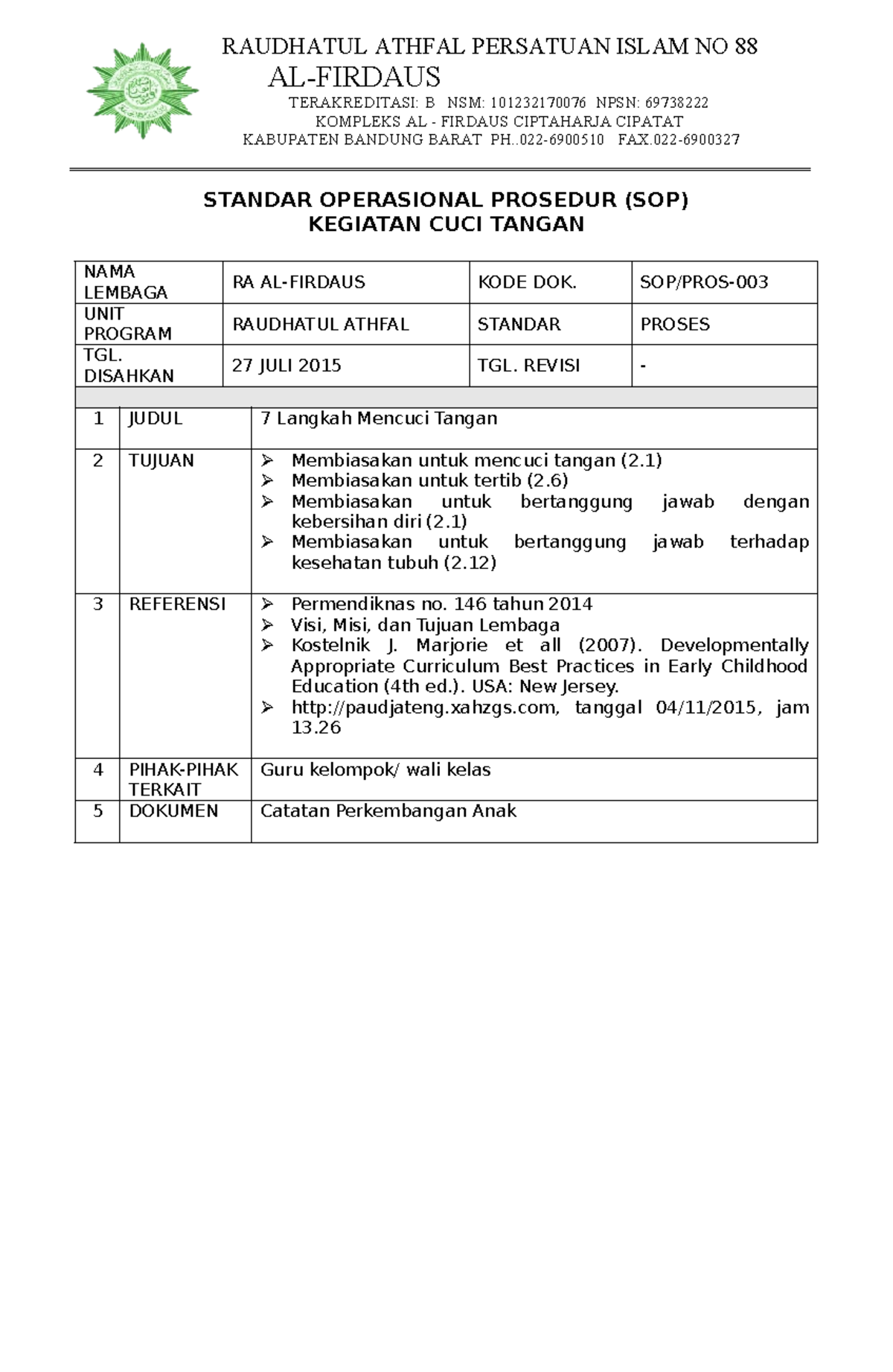 SOP Kegiatan CUCI Tangan - RAUDHATUL ATHFAL PERSATUAN ISLAM NO 88 AL ...
