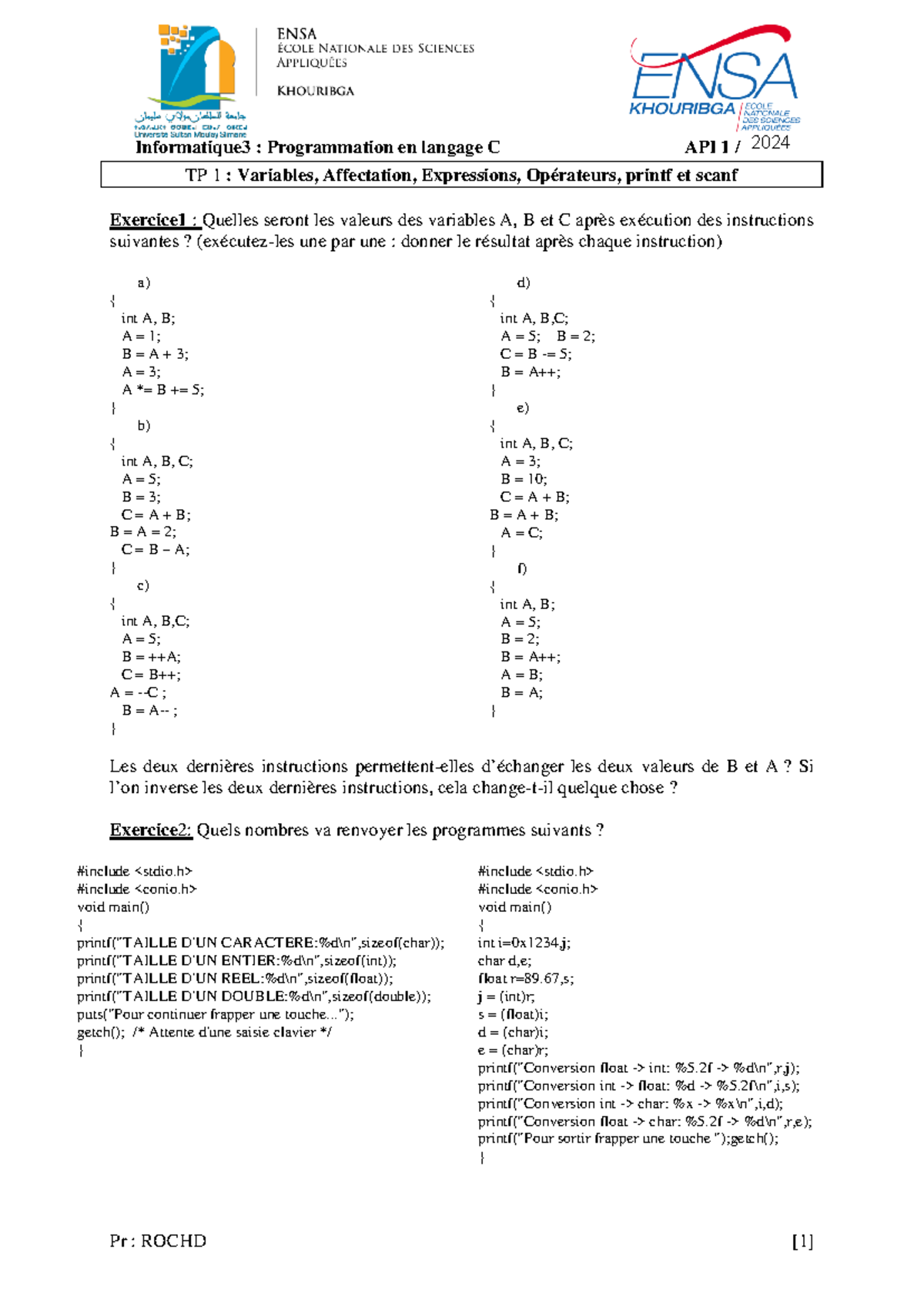 TP1 Introduction à C 2024 - Informatique3 : Programmation en langage C API 1 / 21- TP 1 ...