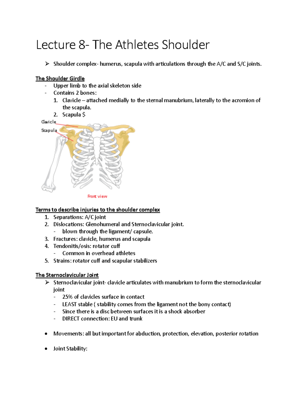 2236- Lecture 8 - Lecture 8- The Athletes Shoulder Ø Shoulder complex ...