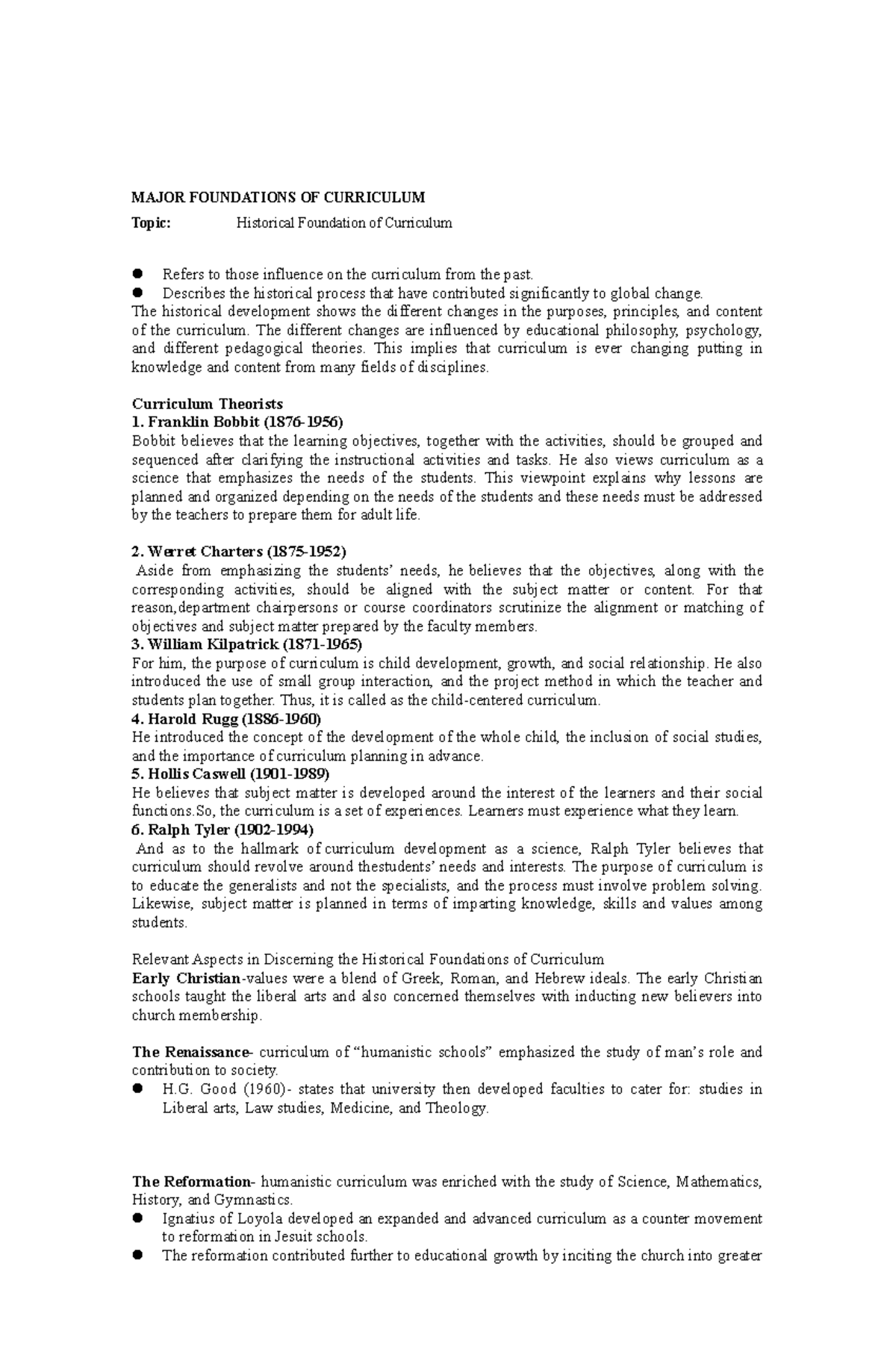 Historical Foundation of Curriculum - Describes the historical process ...