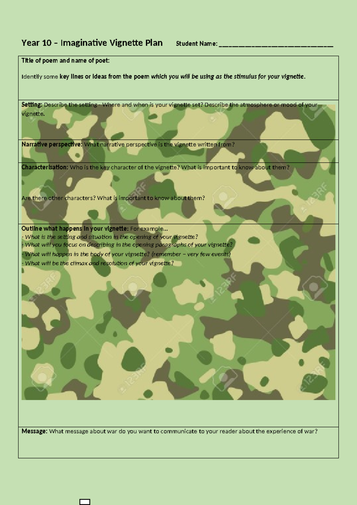 Vignette Planning Sheet - Year 10 – Imaginative Vignette Plan Student ...