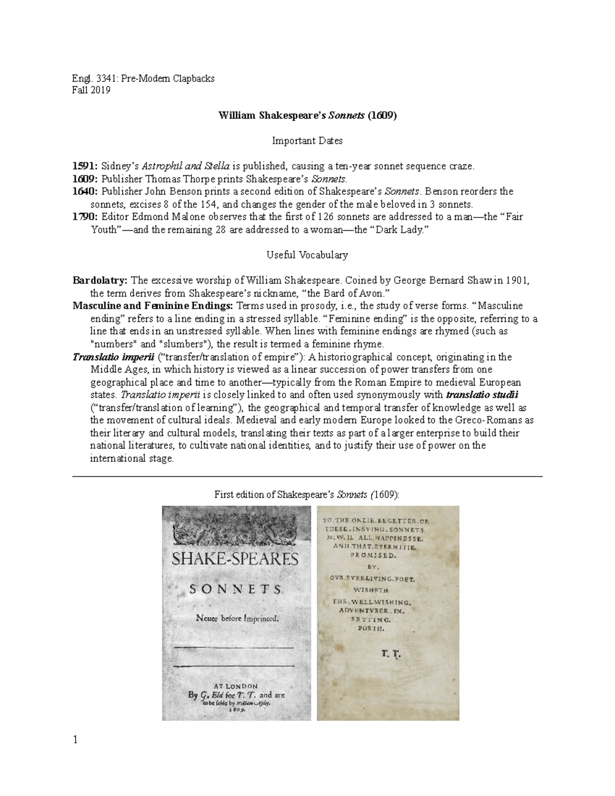 Shakespeare Sonnets Handout - Engl. 3341: Pre-Modern Clapbacks Fall ...