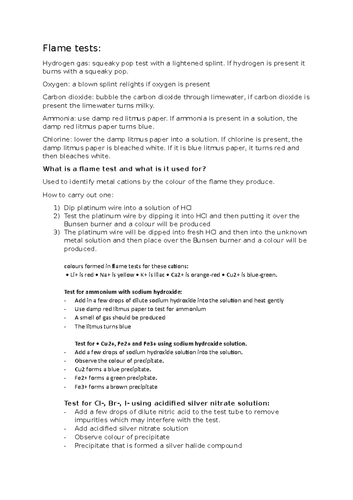 Flame-tests-notes - gen chem 1 - Flame tests: Hydrogen gas: squeaky pop ...