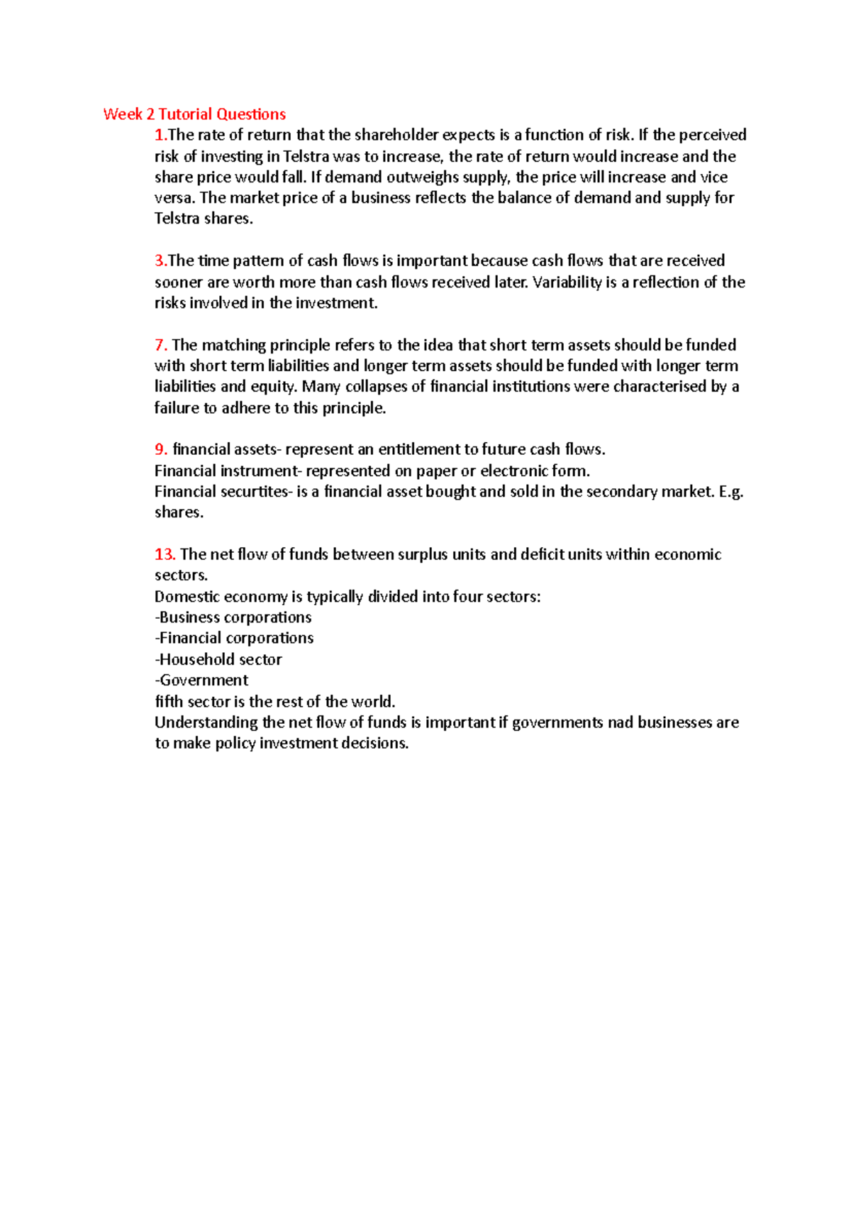 Week 2 Tutorial Questions - Week 2 Tutorial Questions 1 rate of return ...