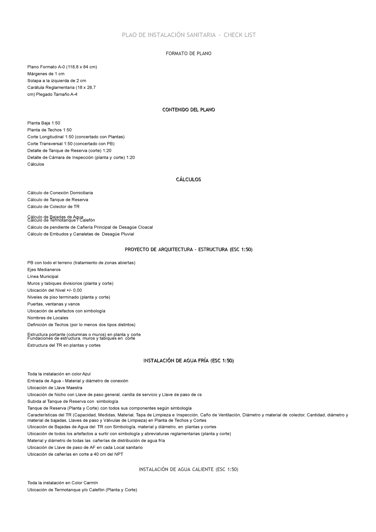 Check list plano de instalaciones - PLAO DE INSTALACIÓN SANITARIA ...