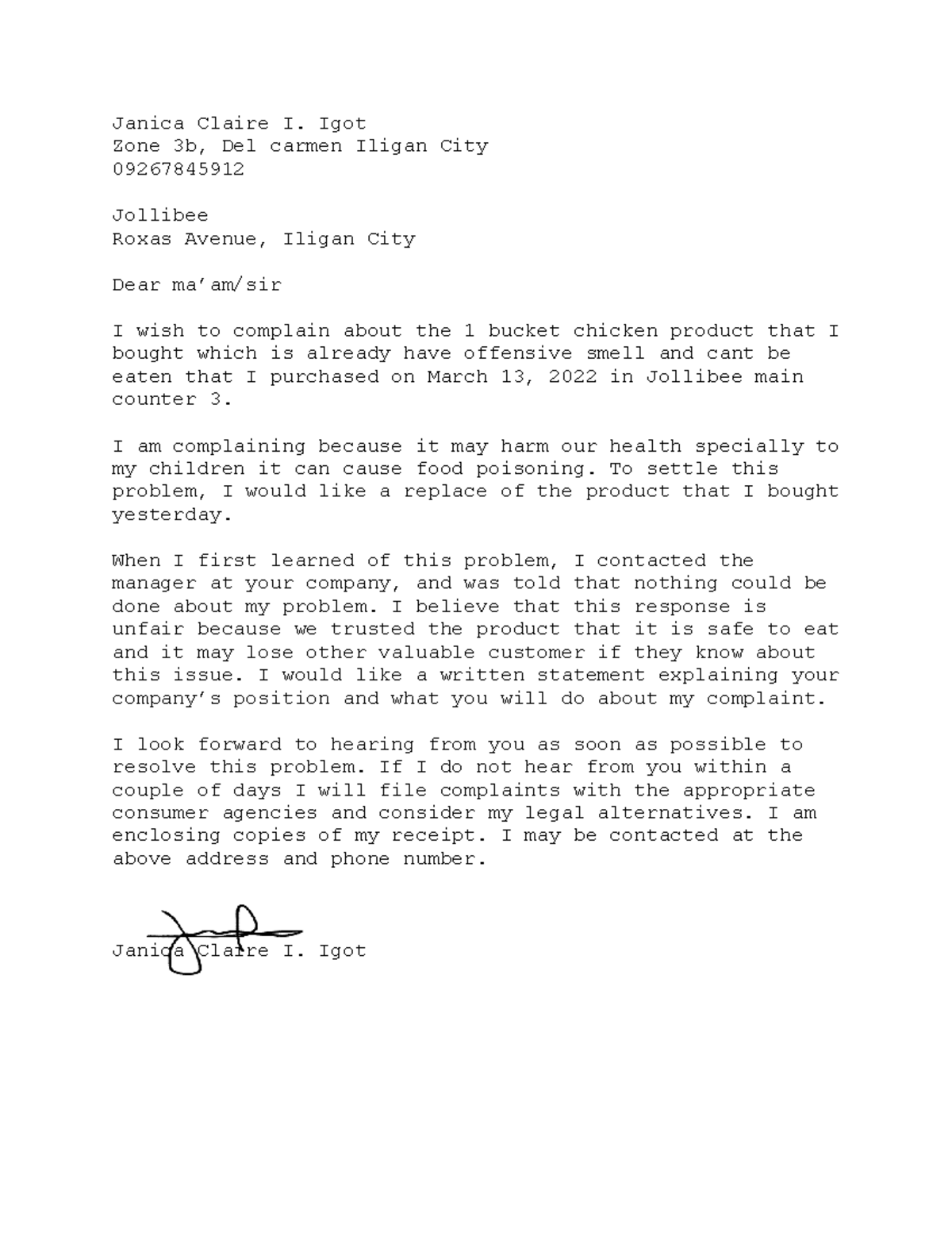 Complain Letter - this is just nothing sorry - Janica Claire I. Igot ...