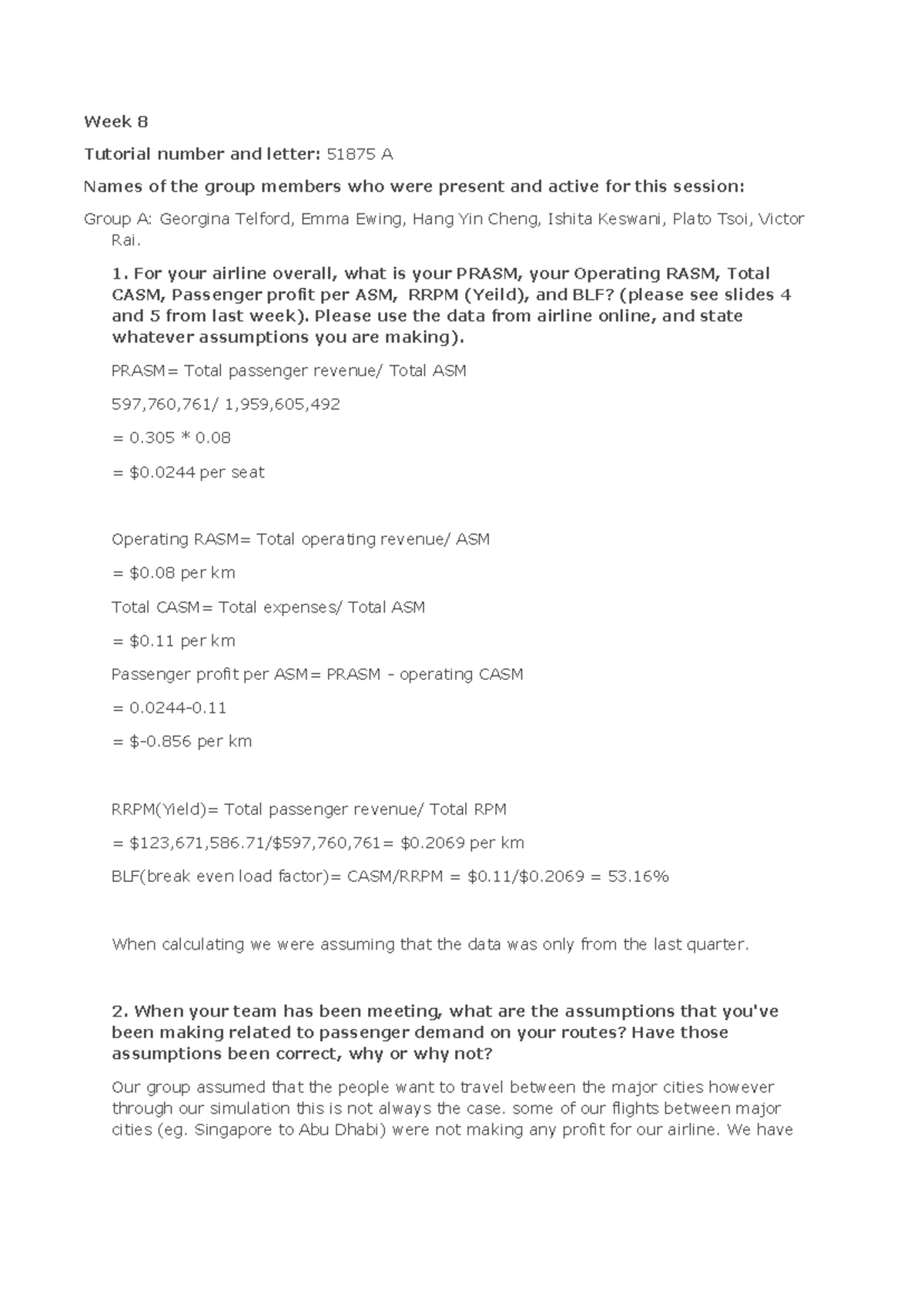 Tutorial - week 8 - calculation of PRASM and operating RASM, total CASM ...