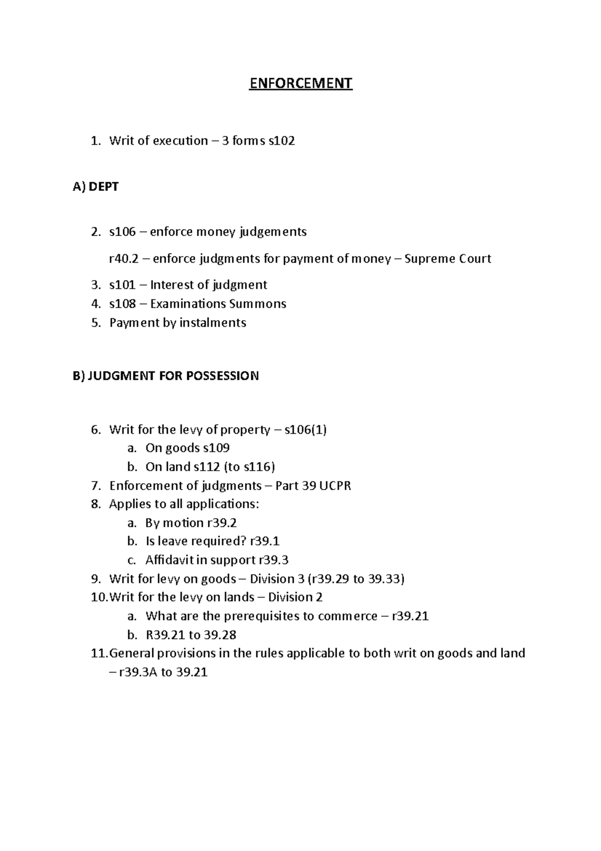 Enforcement - Enforcing judgement summary - ENFORCEMENT Writ of ...