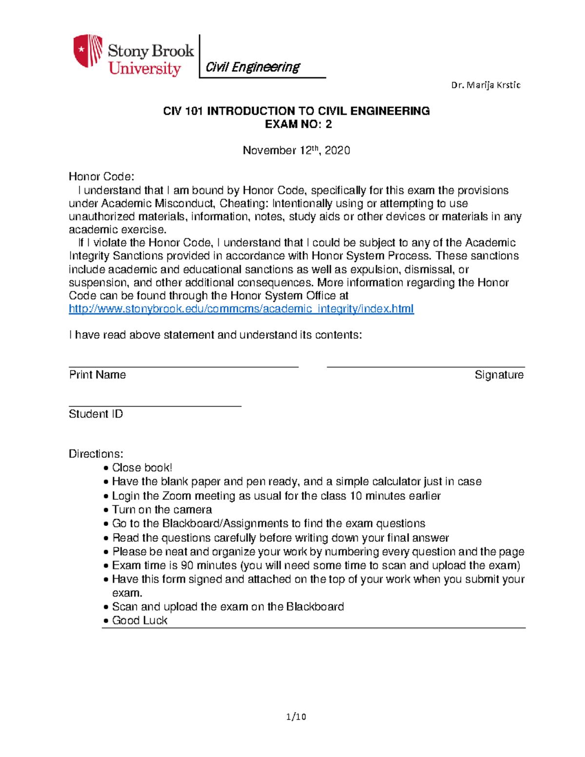 CIV 101 F20 Exam No - nopihugyivb b h k - Civil Engineering Dr. Marija Krstic 1/ CIV 101 - Studocu