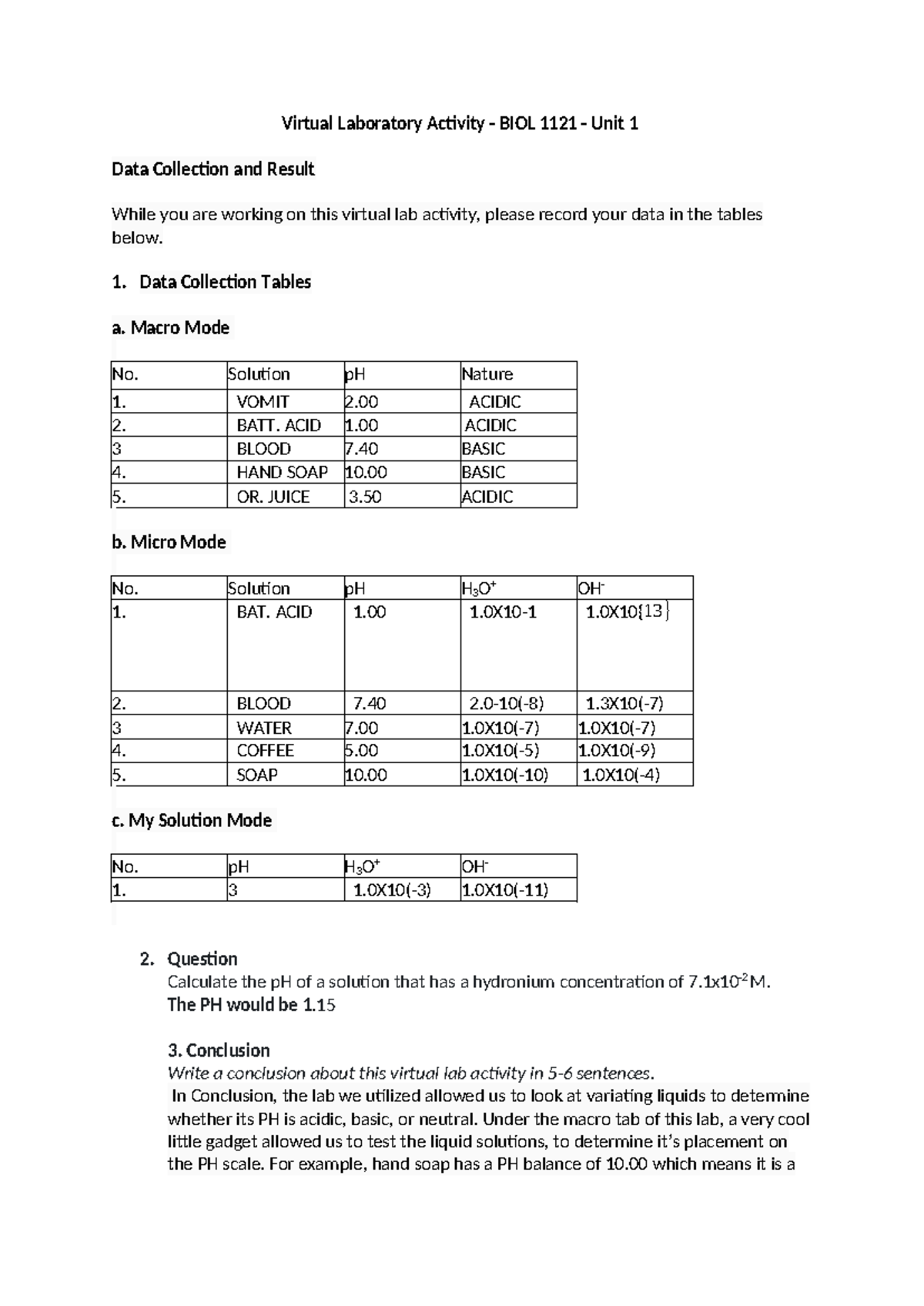 Experiment 1 - Data Collection and Result - Virtual Laboratory Activity - BIOL 1121 - Unit 1 ...