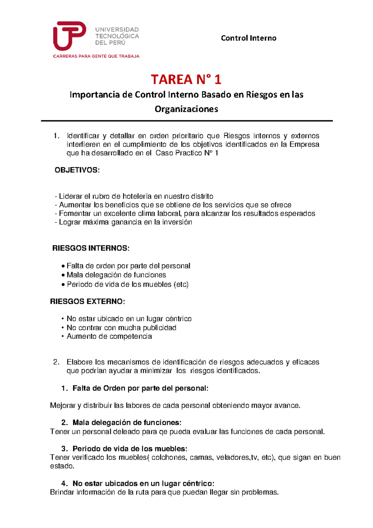 U1 S2 PA 1 - Tarea 1 - Control Interno TAREA N° 1 Importancia de Control Interno Basado en ...