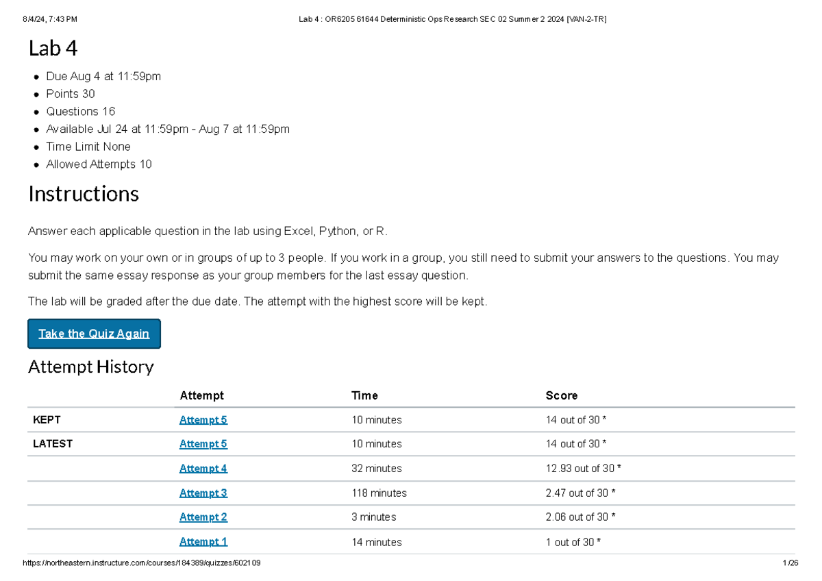 LAB4 - Lab - Lab 4 Due Aug 4 at 11:59pm Points 30 Questions 16 Available Jul 24 at 11:59pm - Aug ...