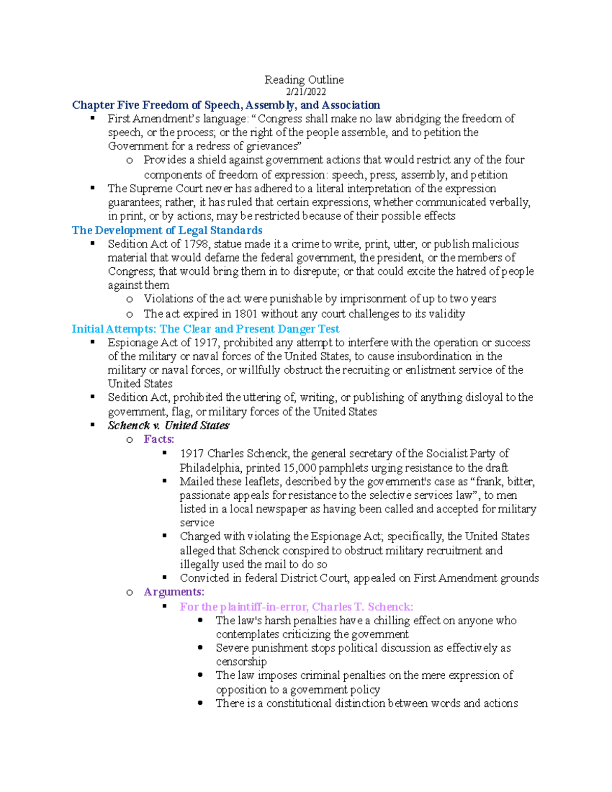 Reading outline 2:21 - Reading Outline 2/21/ Chapter Five Freedom of ...