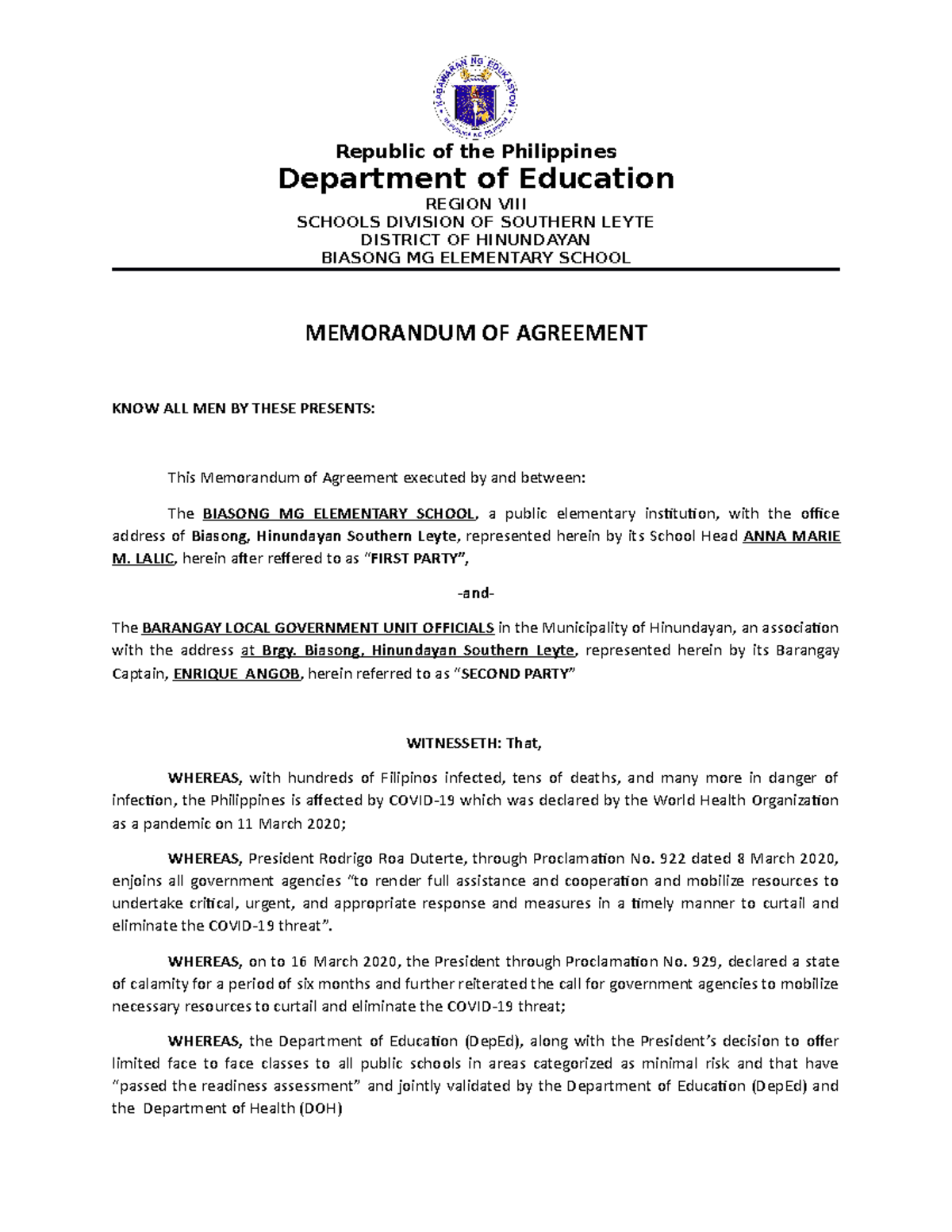 Memorandum OF Agreement LGU - Republic of the Philippines Department of ...