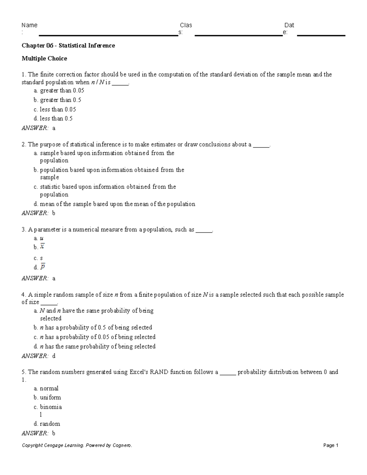 Chapter 06 Statistical Inference S E Chapter 06 Statistical Inference Multiple Choice