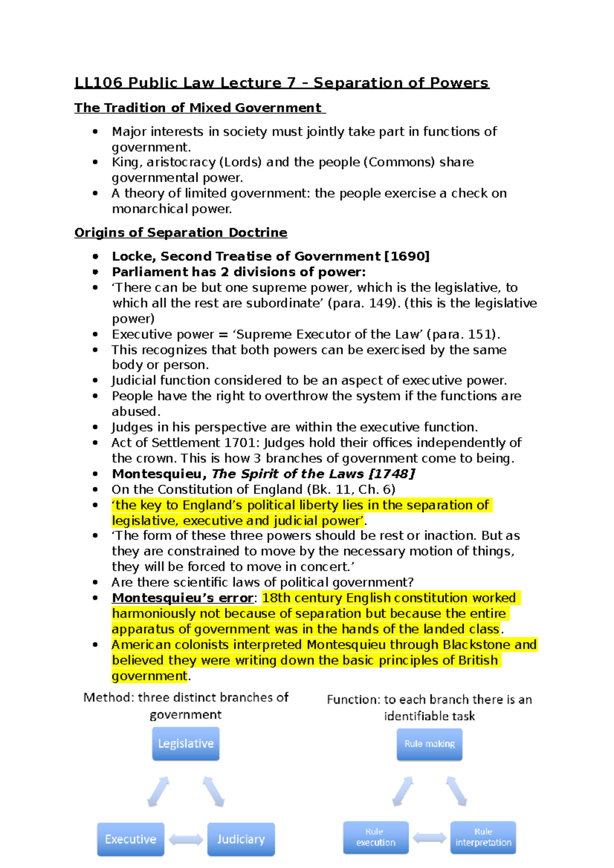 MT Lecture 7 - Separation of Powers - LL106 Public Law Lecture 7 ...