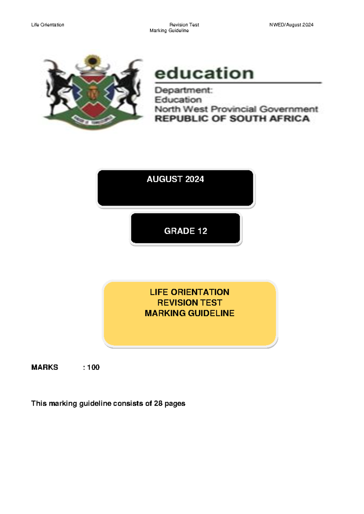LO MG english Rev Test 2024 - Marking Guideline MARKS : 100 This ...
