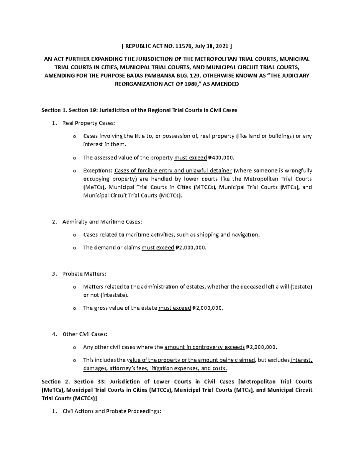Republic ACT NO. 11576, July 30, 2021 Expanded Jurisdiction of the MTC ...