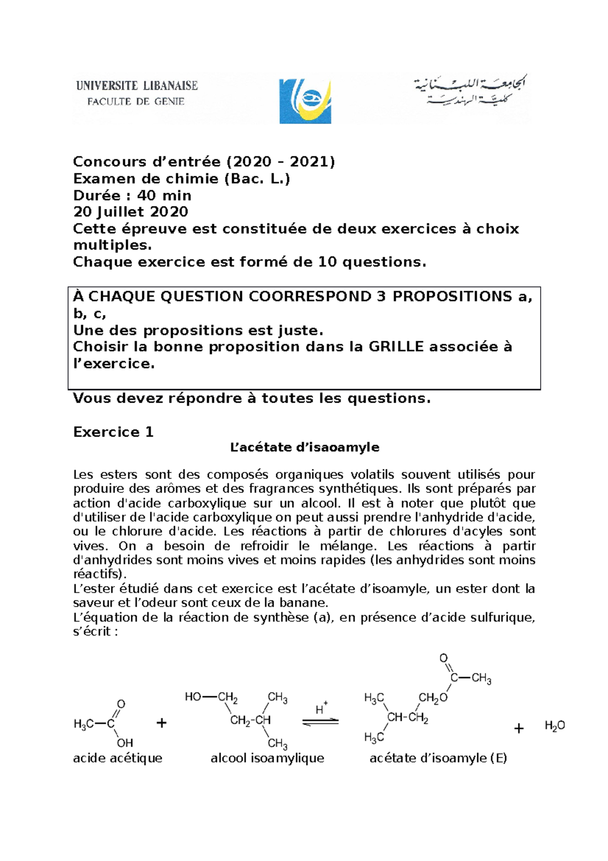 Sample chemistry entrance exam 2020 2021-s - Concours d’entrée (2020 ...