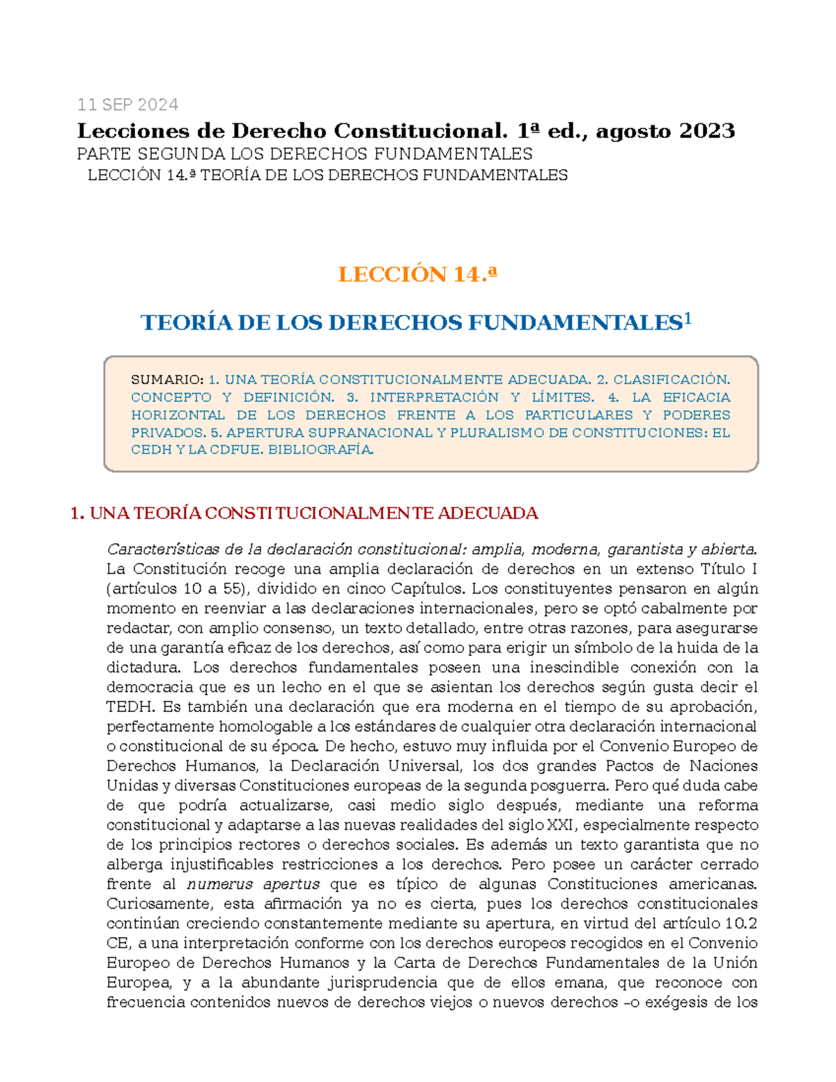 Leccion 14 ddff - lección manual DD.FF - 11 SEP 2024 Lecciones de Derecho Constitucional. 1ª ed ...