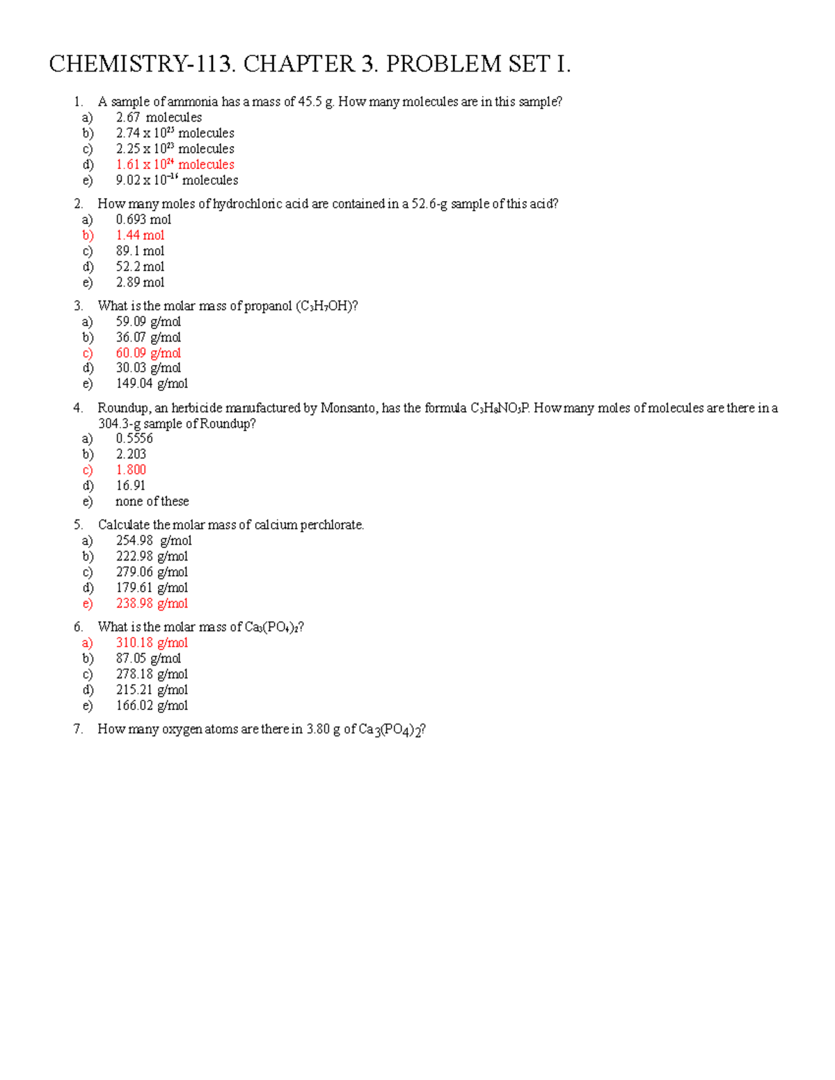 CHEM-113. Problem Set I. Chapter 3-2 - CHEMISTRY-113. CHAPTER 3. PROBLEM SET I. 1. A sample of ...
