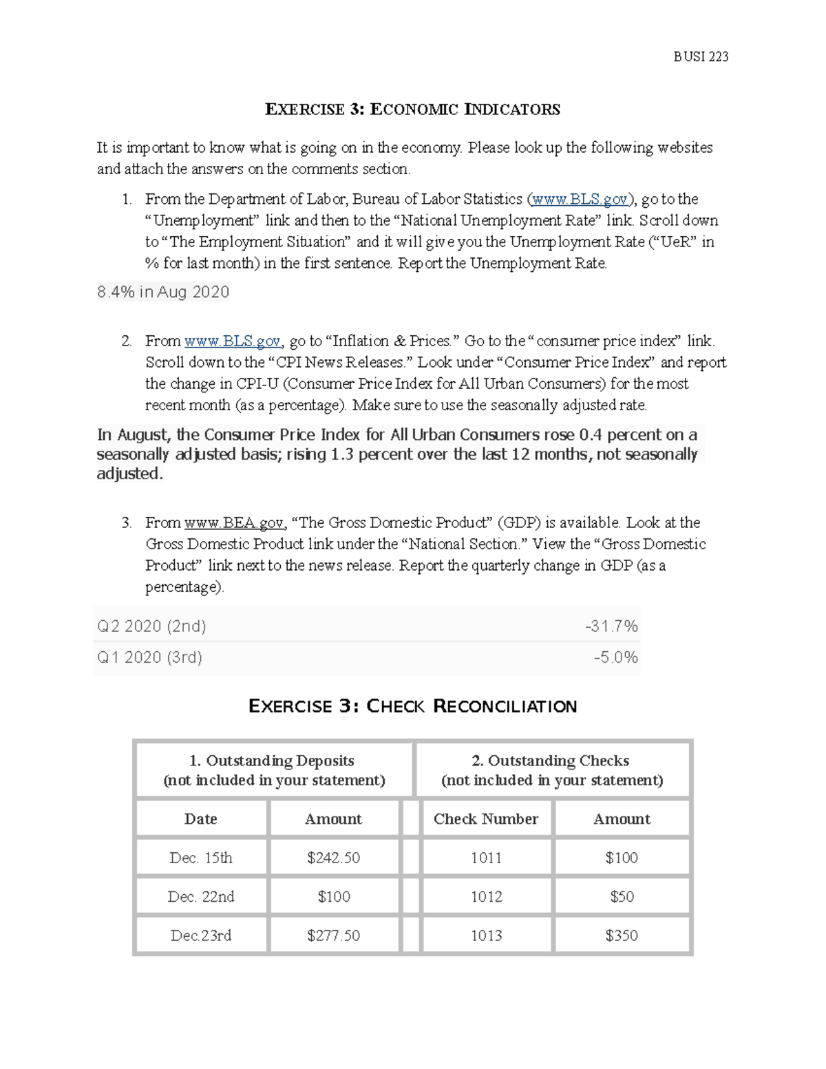 Exercise 3 Economic Indicators - BUSI 223 EXERCISE 3: ECONOMIC ...