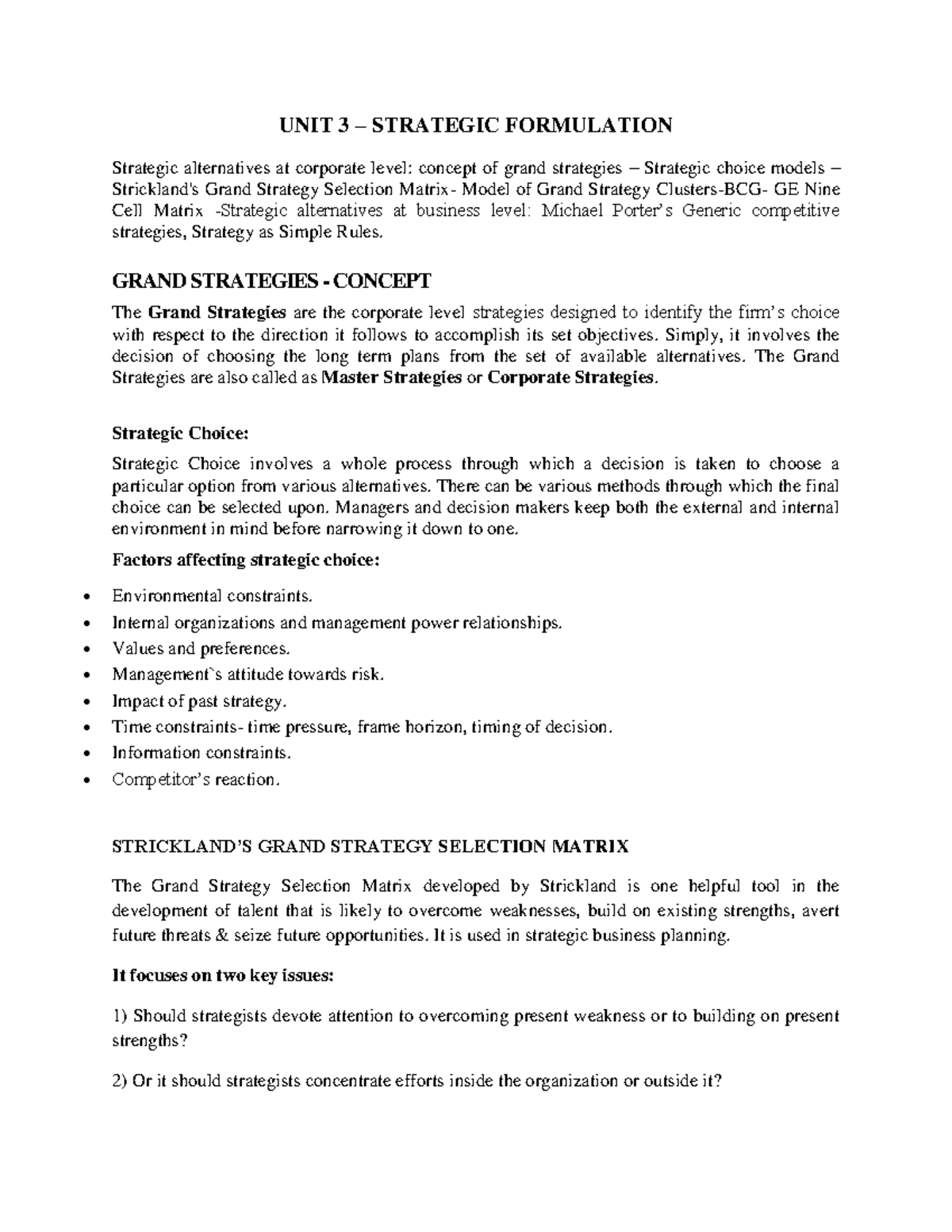 BPSM Module 3 - Material - UNIT 3 – STRATEGIC FORMULATION Strategic alternatives at corporate ...