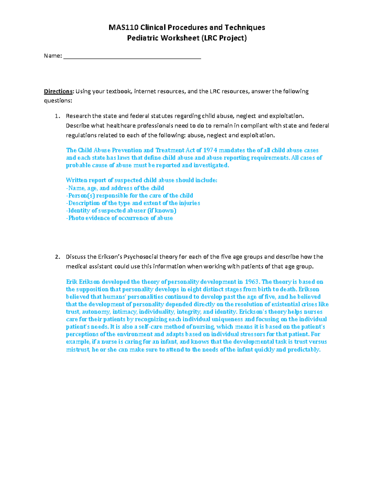 MAS110 Week+5 Pediatric+Worksheet copy - MAS110 Clinical Procedures and ...