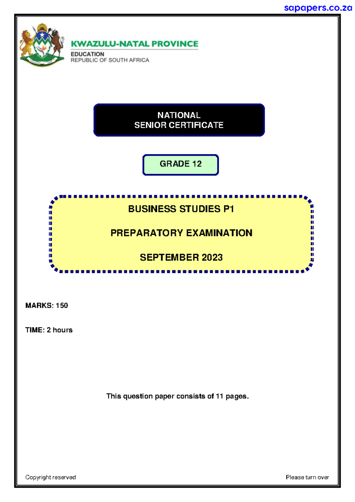 2023 KZN Prelim P1 QP - Past paper - MARKS: 150 TIME: 2 hours This ...