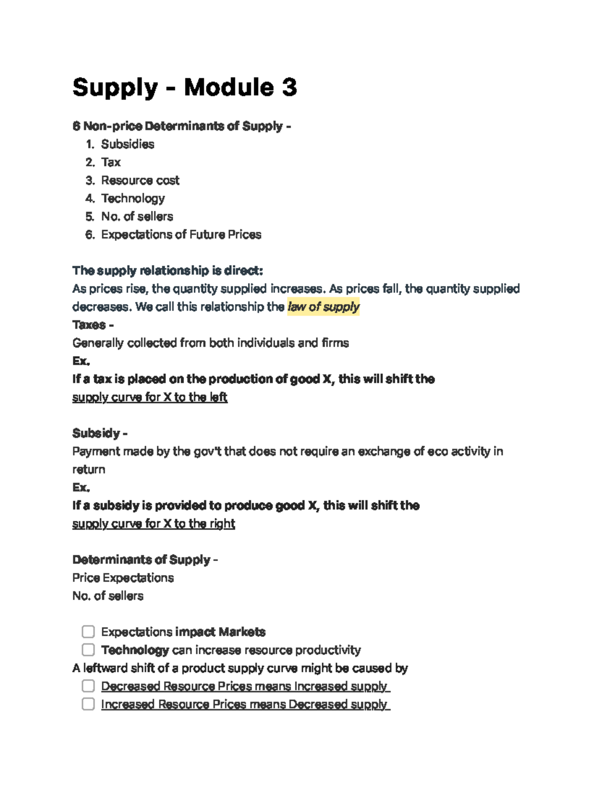 Supply - Module 3 - S u p p l y - M o d u l e 3 6 Non-price Determinants of Supply - The supply ...