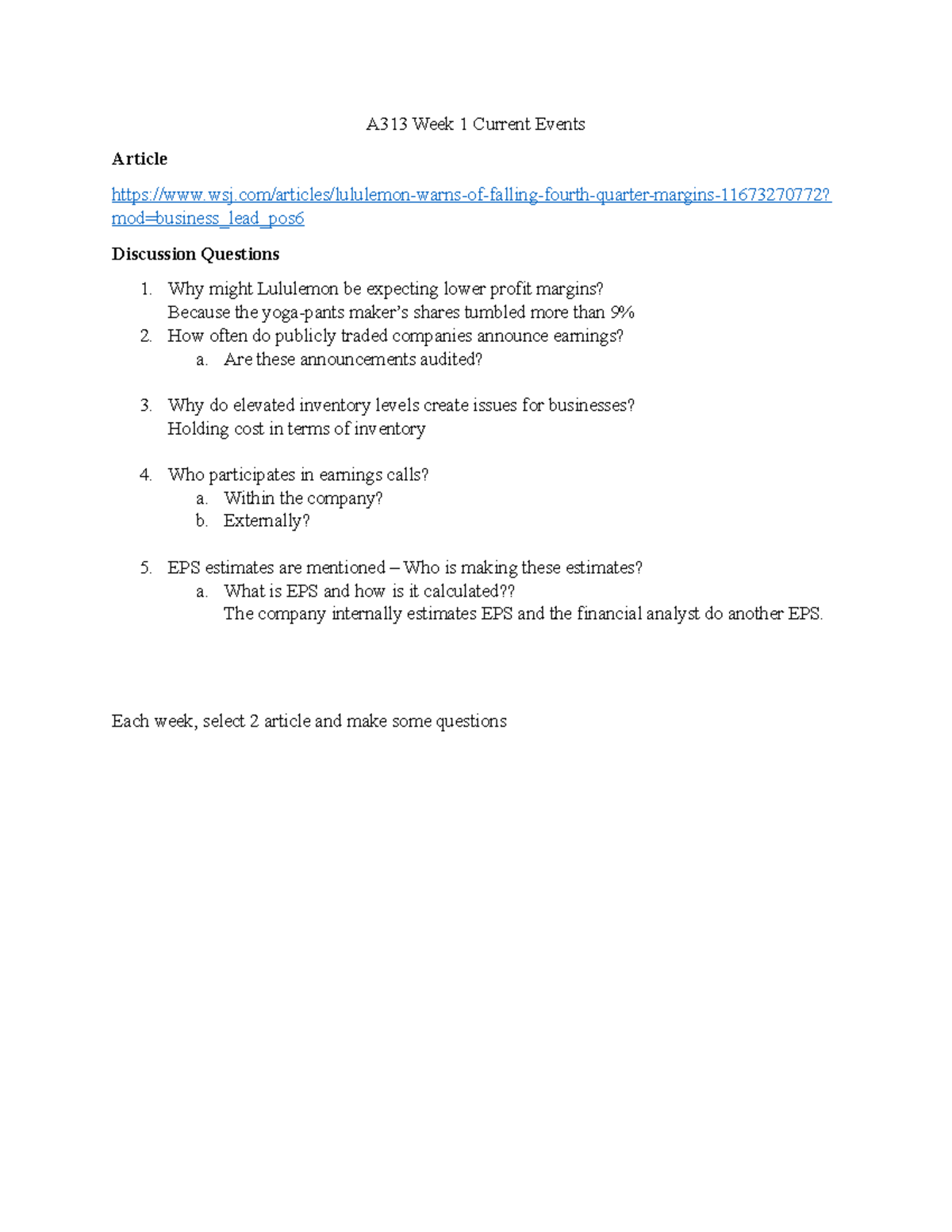 Week 1 Current Events SP23 - A313 Week 1 Current Events Article - Studocu