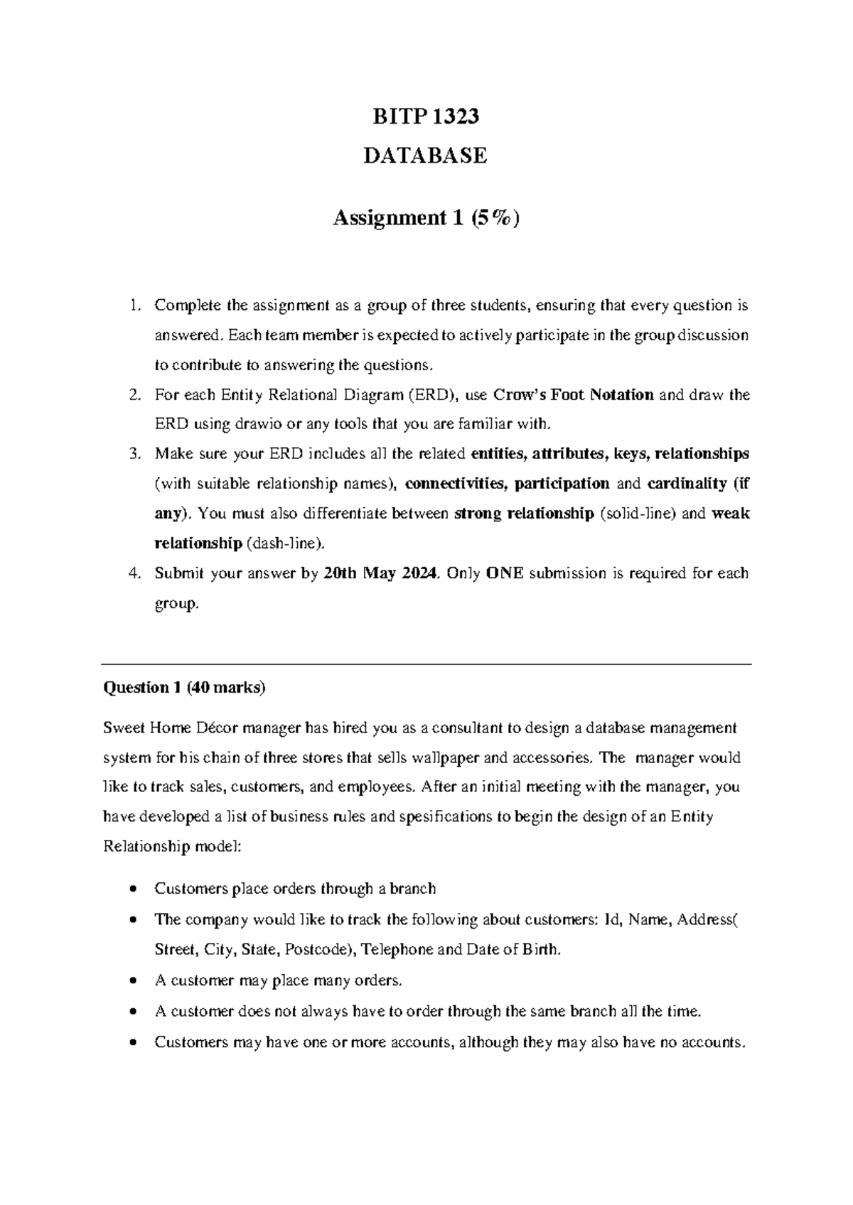 Assignment 1 Bitp 13 23 Database Assignment 1 5 1 Complete The Assignment As A Group Of