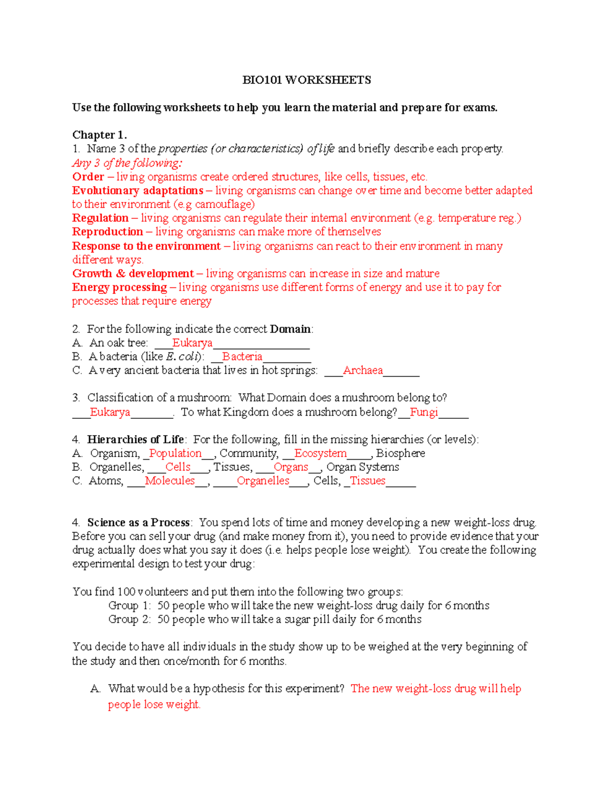 What is Life: Chapter 1 Biology - BIO101 WORKSHEETS Use the following ...