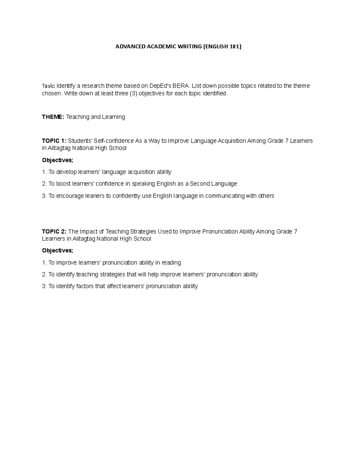 Academic Writing Research topic and objectives - ADVANCED ACADEMIC ...