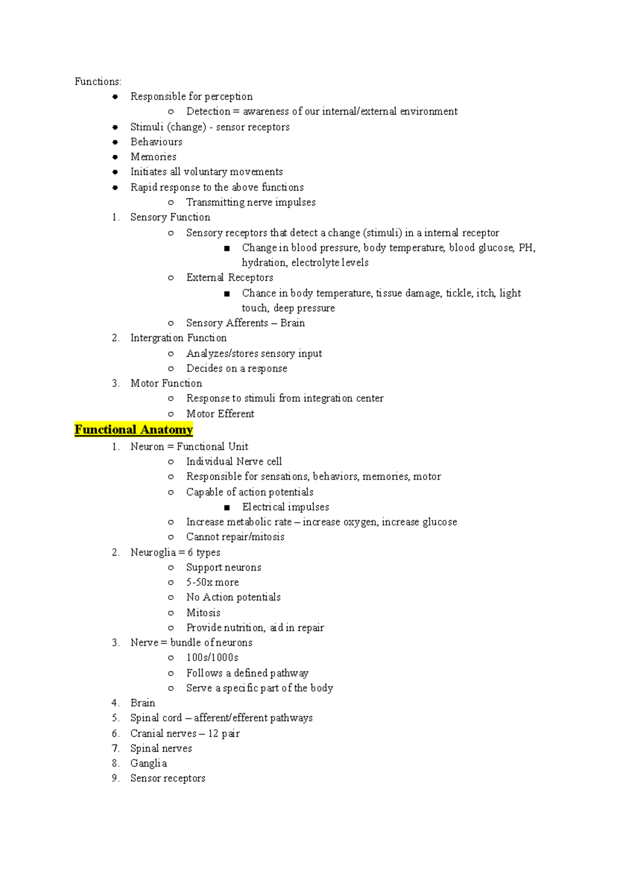 Nervous System Lecture Notes Functions Responsible For Perception Detection Awareness Of