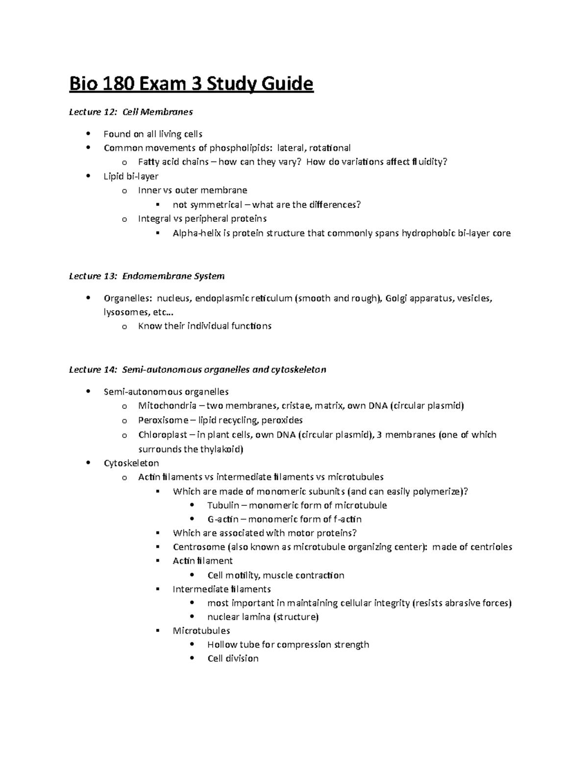 Exam Study Guide - Bio 180 Exam 3 Study Guide Lecture 12: Cell ...