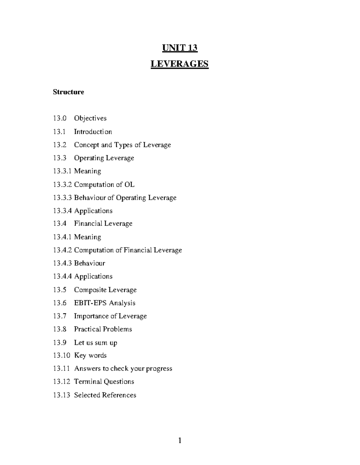 Block-4 - Text Book - UNIT 13 LEVERAGES Structure 13 Objectives 13 Introduction 13 Concept and ...