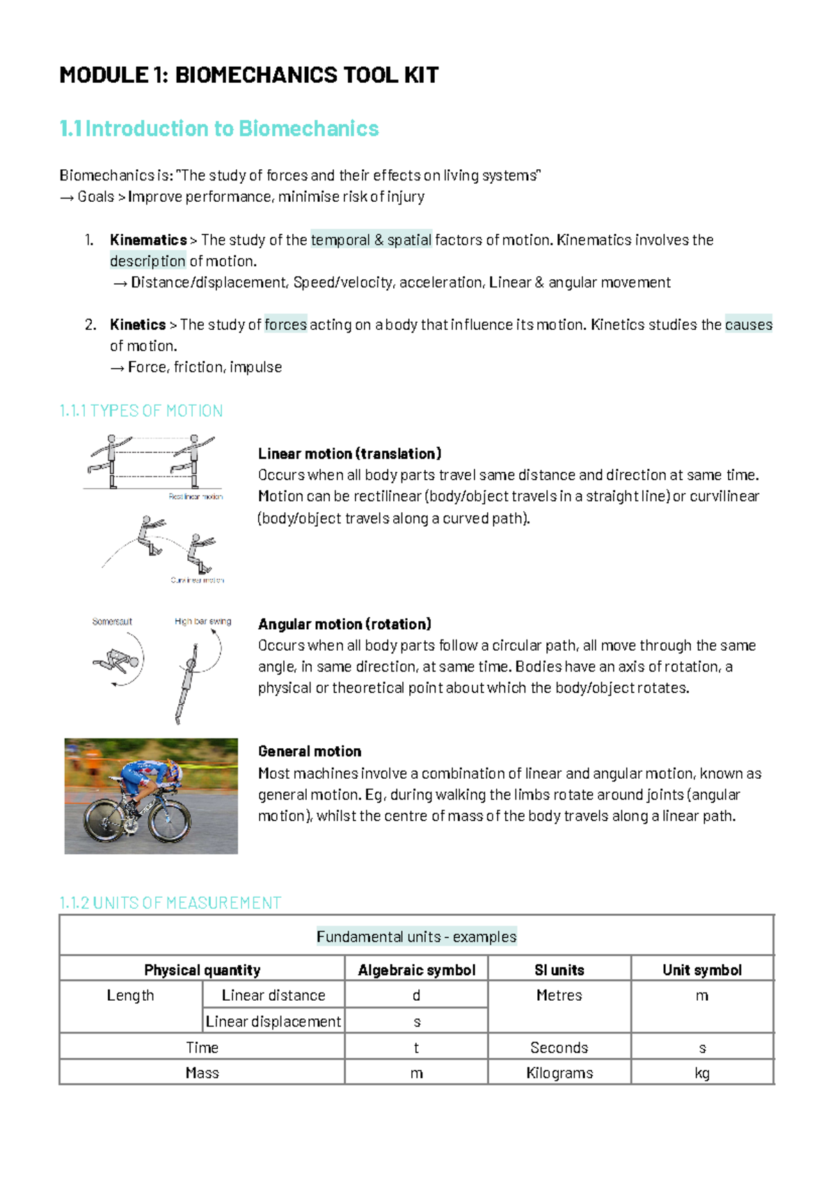 Module 1 - notes - MODULE 1: BIOMECHANICS TOOL KIT 1 Introduction to ...